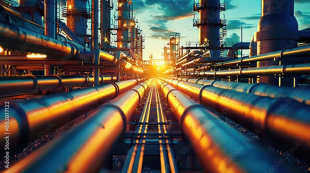 Industrial landscape with pipelines leading towards the horizon under a ...