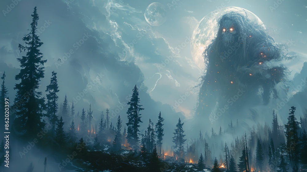 A towering titan emerging from a misty forest, with trees dwarfed by ...