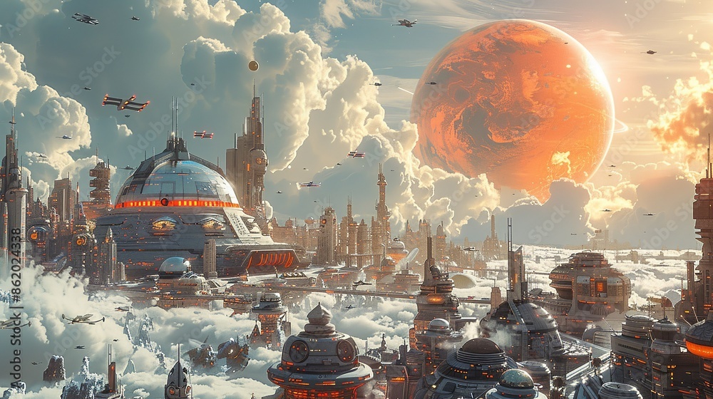 A retrofuturism-inspired cityscape with futuristic buildings, flying ...