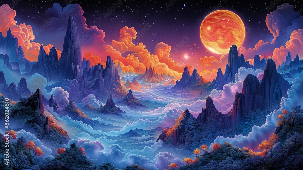 An intricate hallucination-themed illustration with surreal landscapes ...