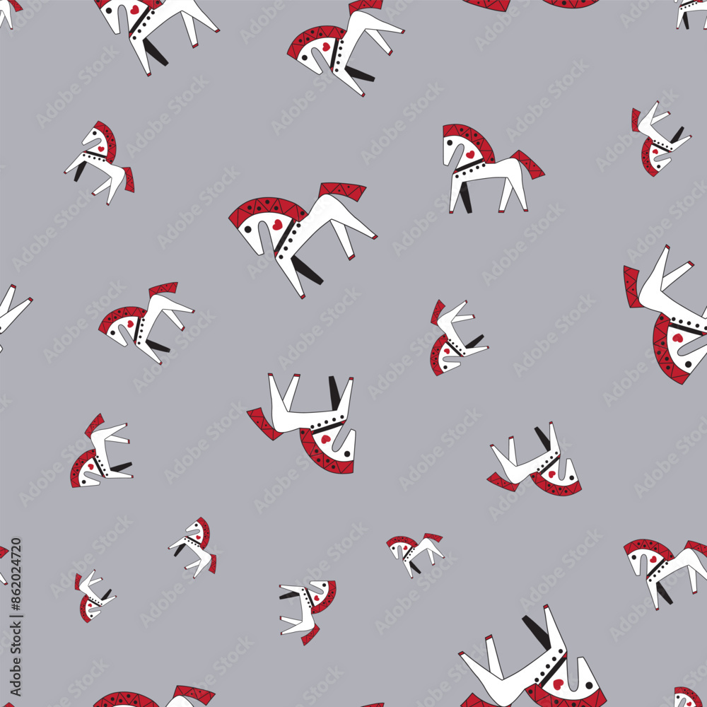 seamless repeat pattern with simple and cute white horses with red hair ...