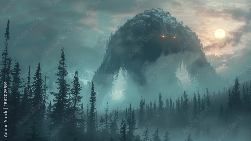 A towering titan emerging from a misty forest, with trees dwarfed by ...