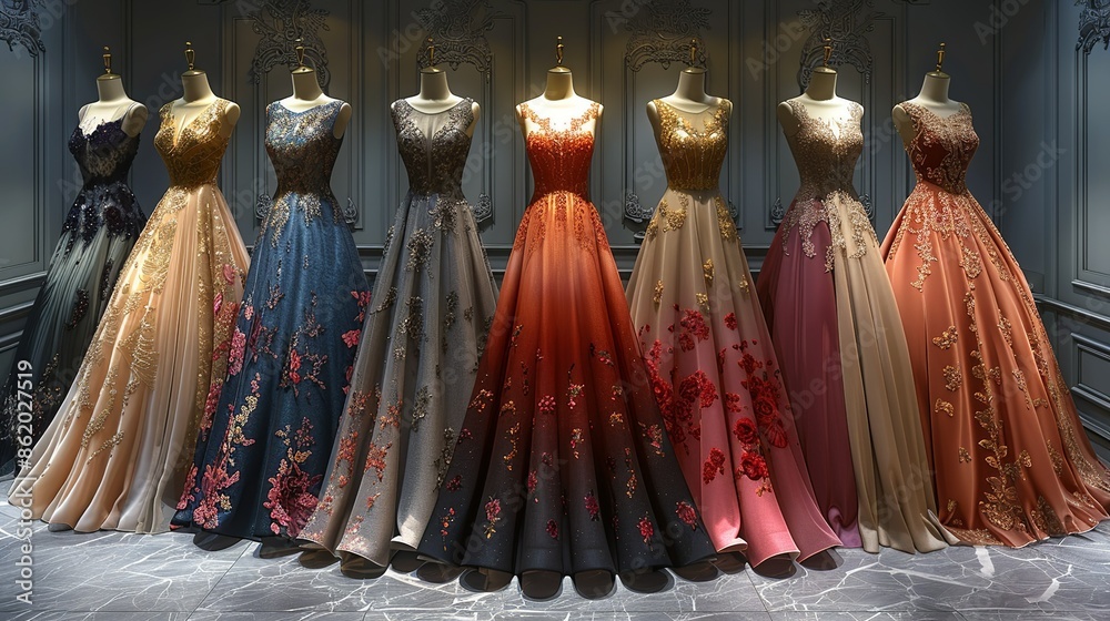 Clothes Elegant evening gowns displayed in a high-end boutique ...