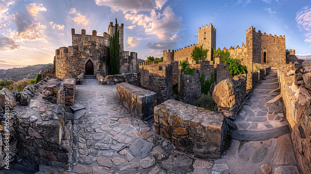 panoramic view of a medieval castle restored with original stone ...