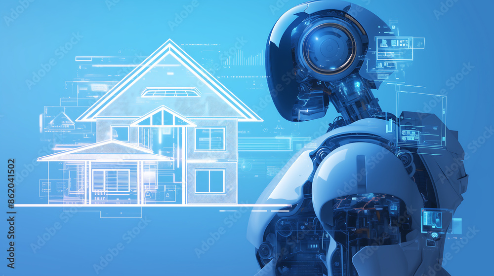 robot and house with blue background, futuristic digital technology ...