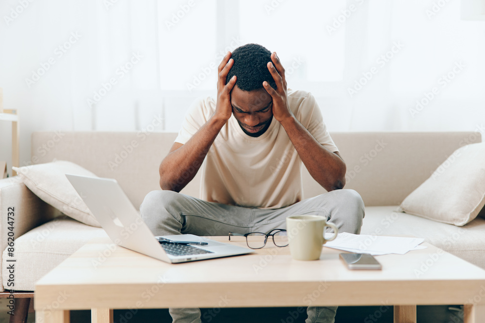 Tired African American Freelancer Typing on Laptop in Home Office ...