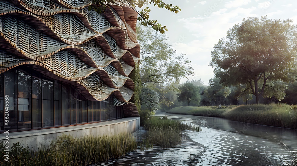 architectural study of a building with wave-like brick patterns on its facade, designed to mimic ...