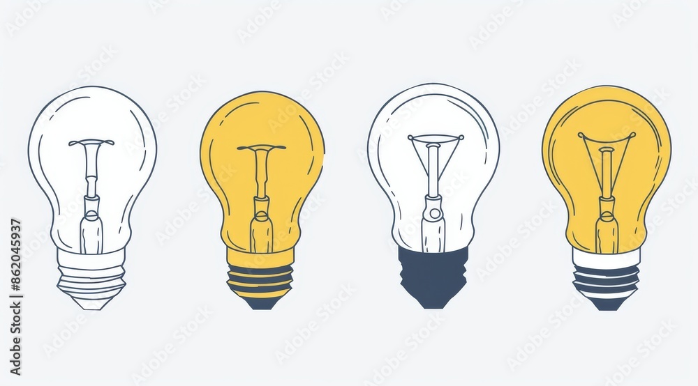4 lightbulbs in different stages of working, a simple line art ...