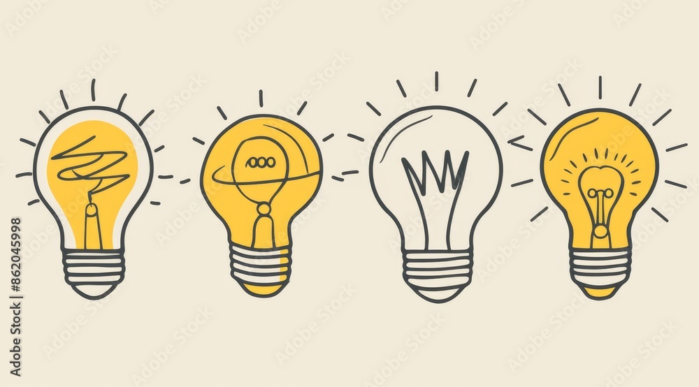 4 lightbulbs in different stages of working, a simple line art ...