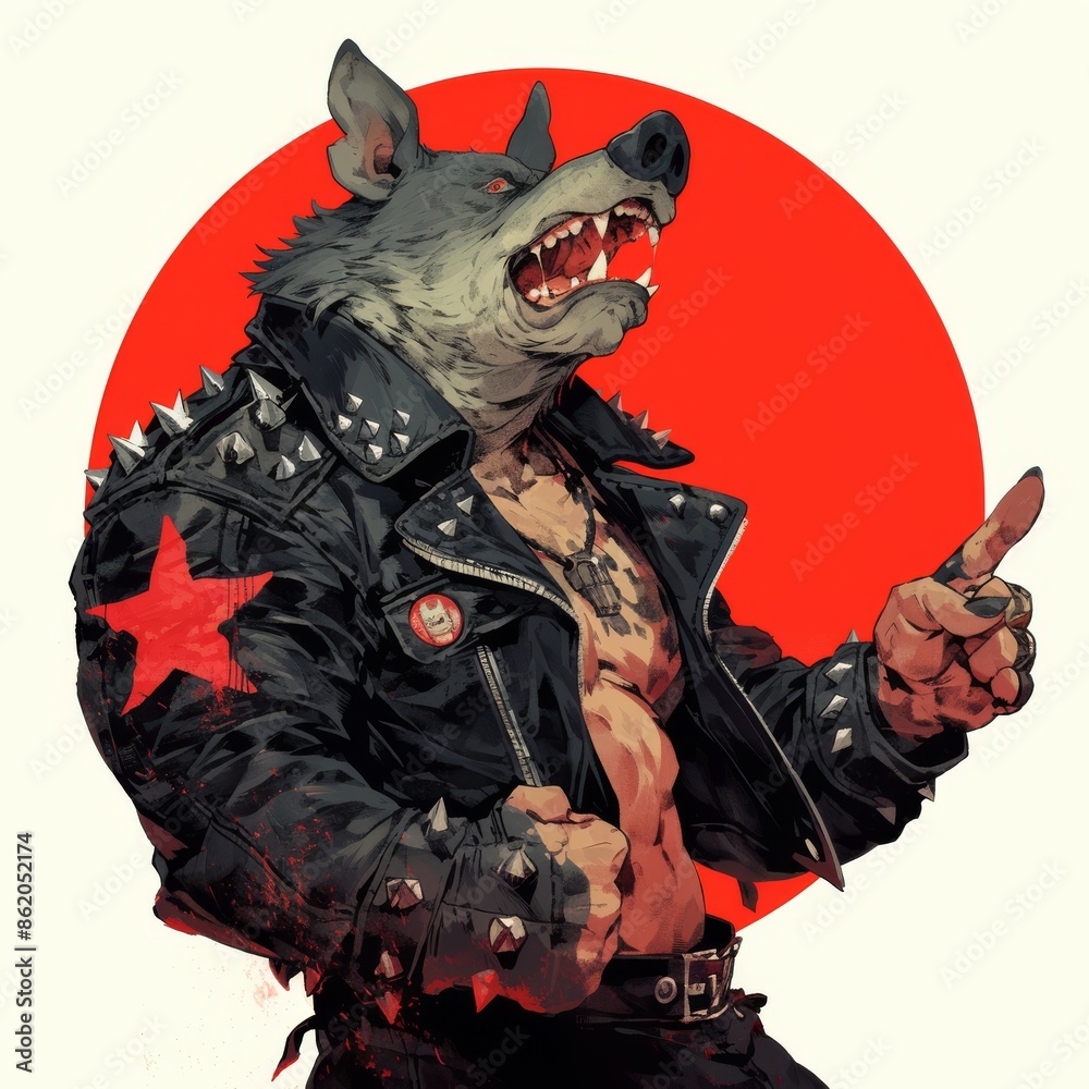 Anthropomorphic wolf wearing a studded leather jacket with red stars ...