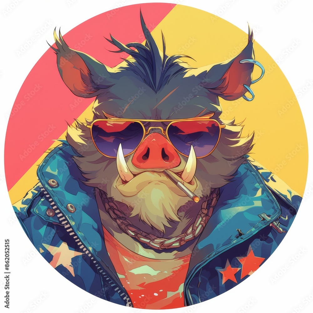 Cool illustrated boar wearing sunglasses, leather jacket and chain ...