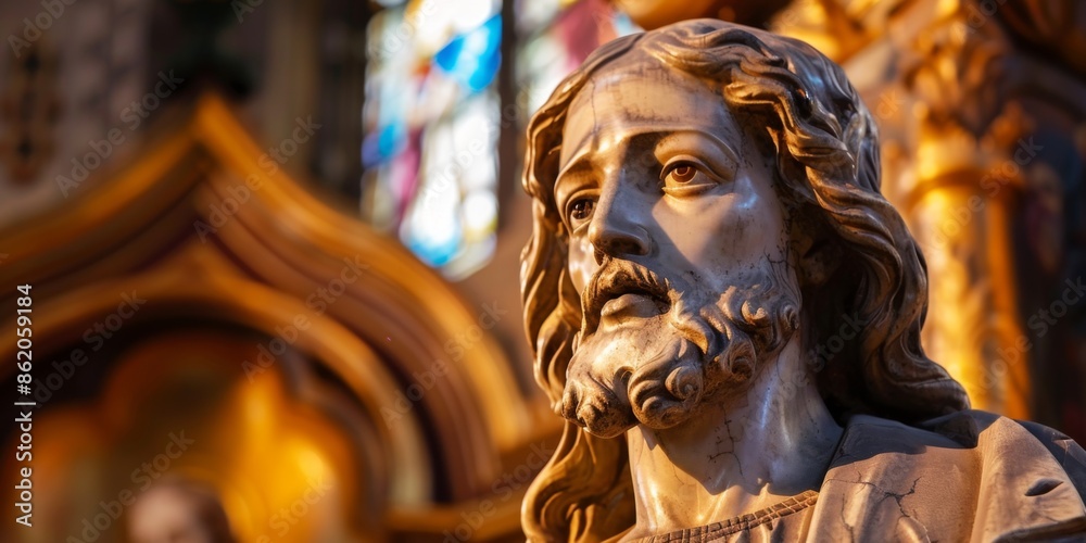 Majestic Statue of Jesus Christ in a Church with Colorful Stained Glass ...