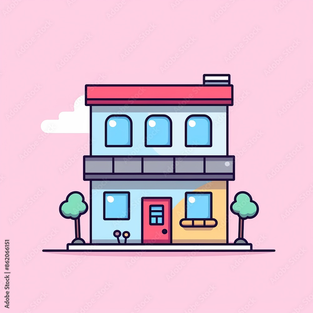 Cartoon illustration of a two-story house with a red roof and yellow ...