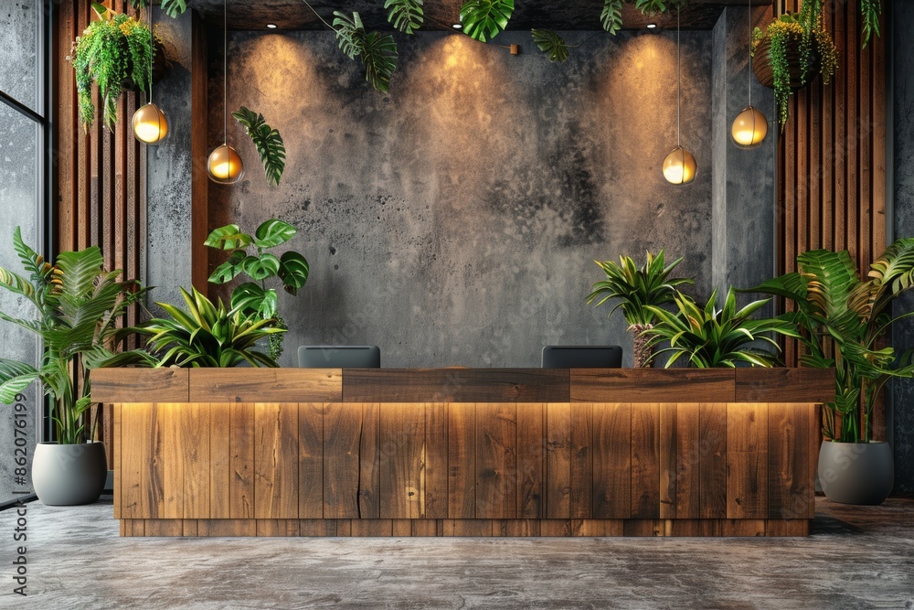 Front view of modern luxury reception desk in wooden material with ...