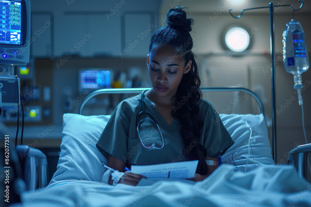 le Nurse Documenting Medical Care for a Patient in Hospital Bed with IV ...
