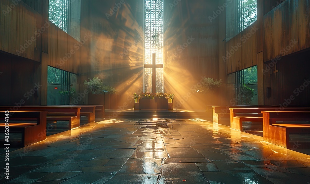 Golden light beams through a cross-shaped window, creating a serene ...