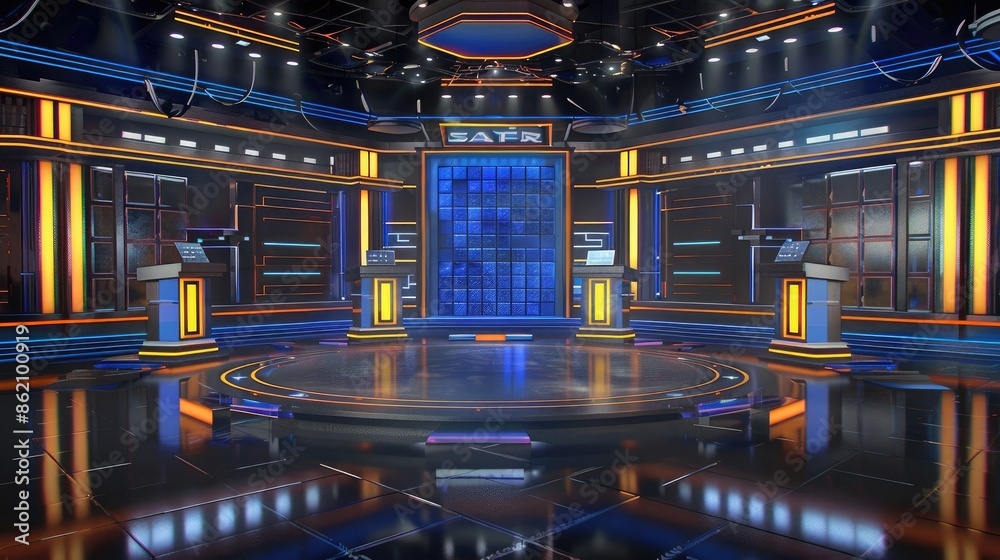 Game Show Set: An elaborate game show set with podiums, buzzers, and a ...
