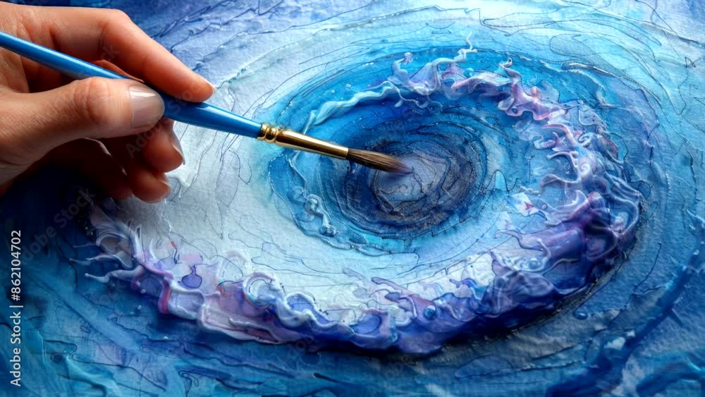 An artist's hand holding a paintbrush creating a beautiful blue ...