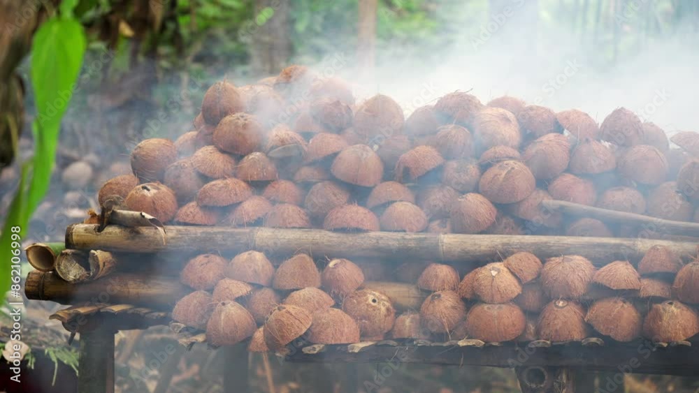 Traditional smoke drying of coconut meat on rack for copra production ...