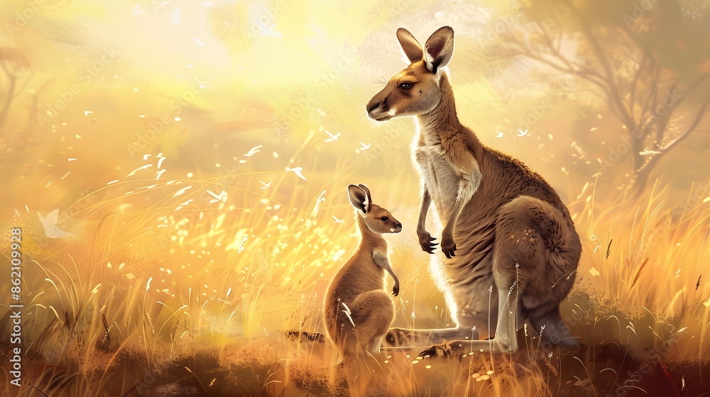 Cartoon mother kangaroo with baby on her pouch. Vector clip art ...