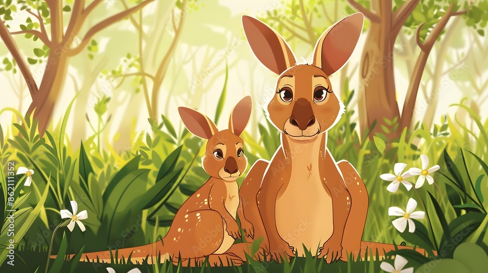 Cartoon mother kangaroo with baby on her pouch. Vector clip art ...
