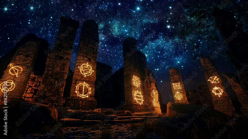 Ancient stone ruins with glowing symbols under a starry night sky, animation background loop ...