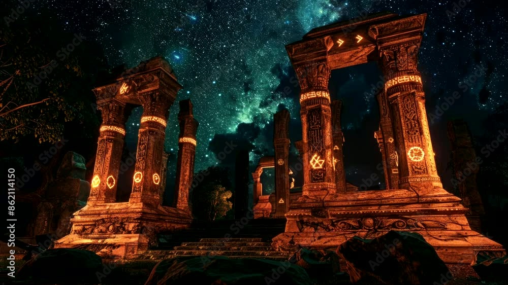 Ancient stone ruins with glowing symbols under a starry night sky ...