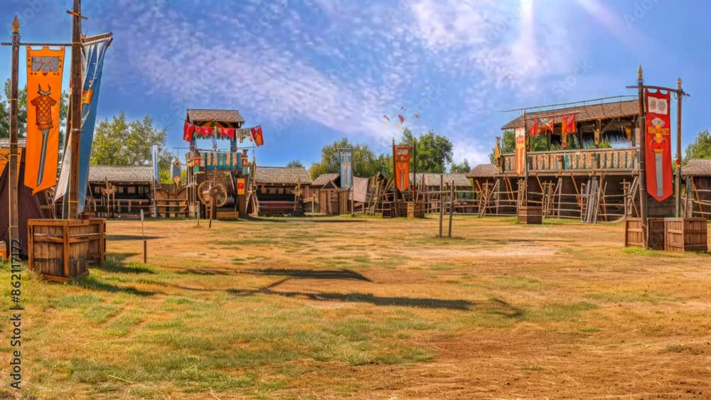 Medieval fort with wooden watchtowers and colorful banners under a ...