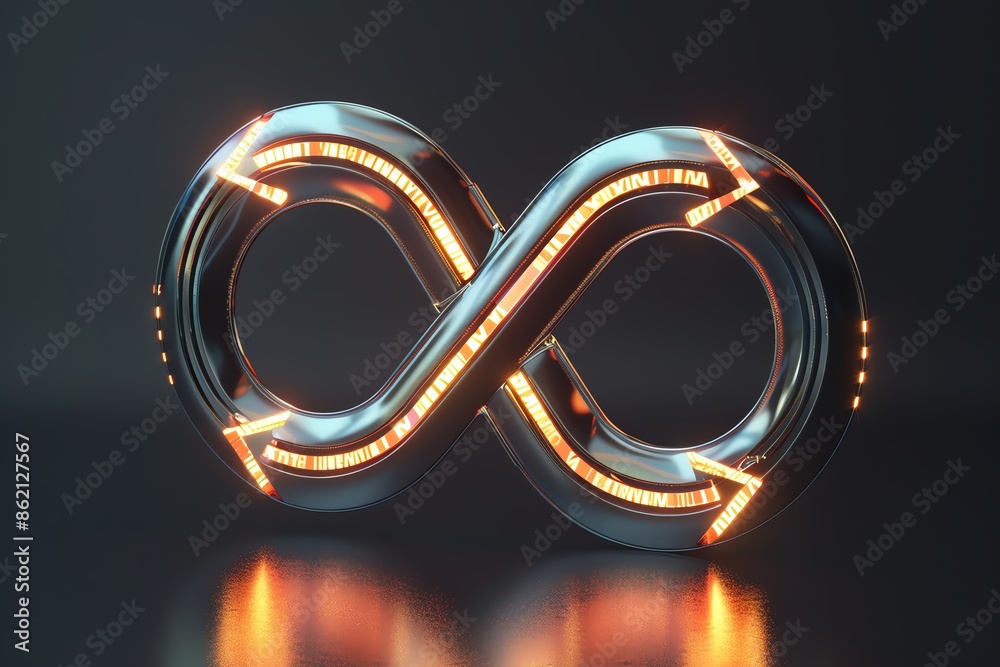 Infinity symbol with lit arrows, side view, represents endless cycles ...