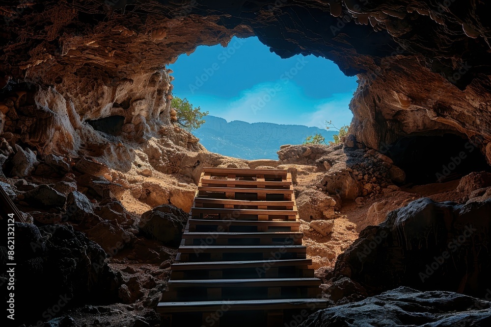 Wooden stairs inside a rocky cave open up to a bright outdoor scene ...