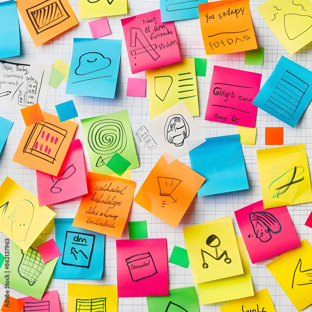 Colorful sticky notes on a transparent background, filled with ...