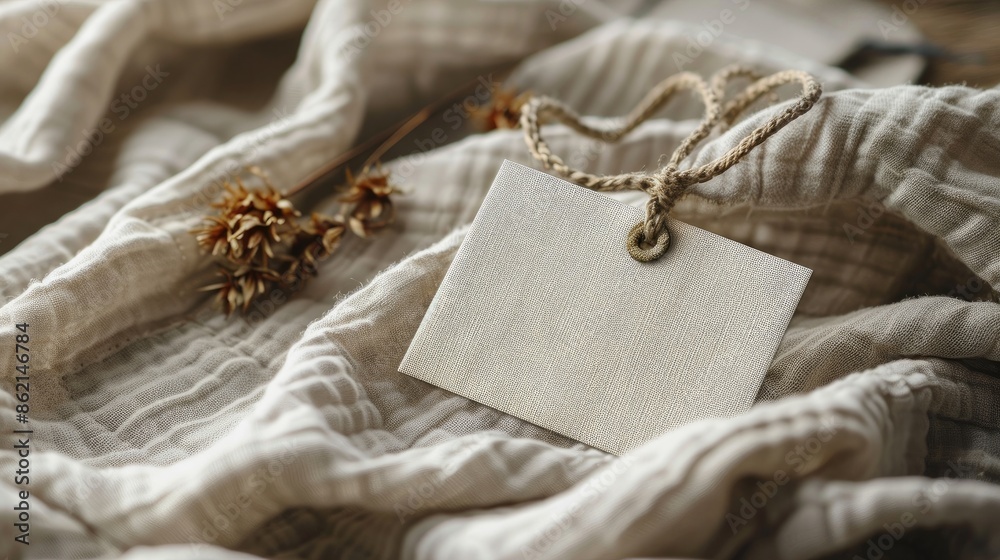 Clothes label tag on cloth background blank white branding template ...