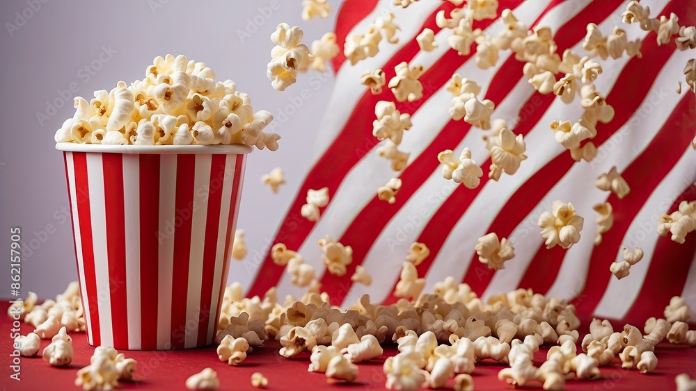 Delicious popcorn flying out of a red-white striped paper cup, striped ...