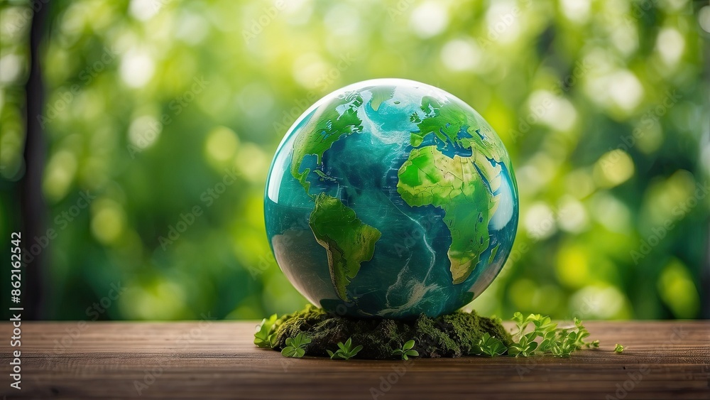 Globe ball with blurred greenery and budding trees in the backdrop Eco ...
