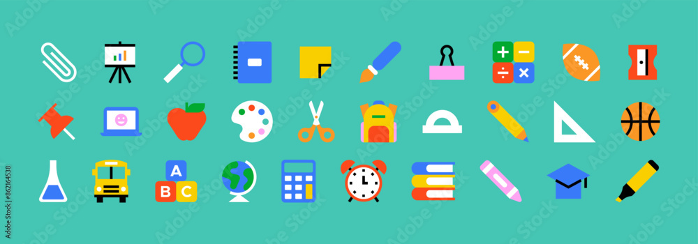 Colorful school icon set. Modern flat education cartoon collection, fun ...