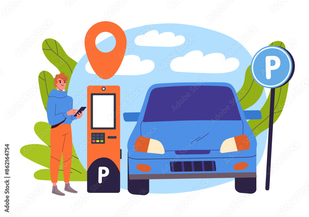 Parking fee concept. Man pay for car parking lot. Urban infrastructure ...