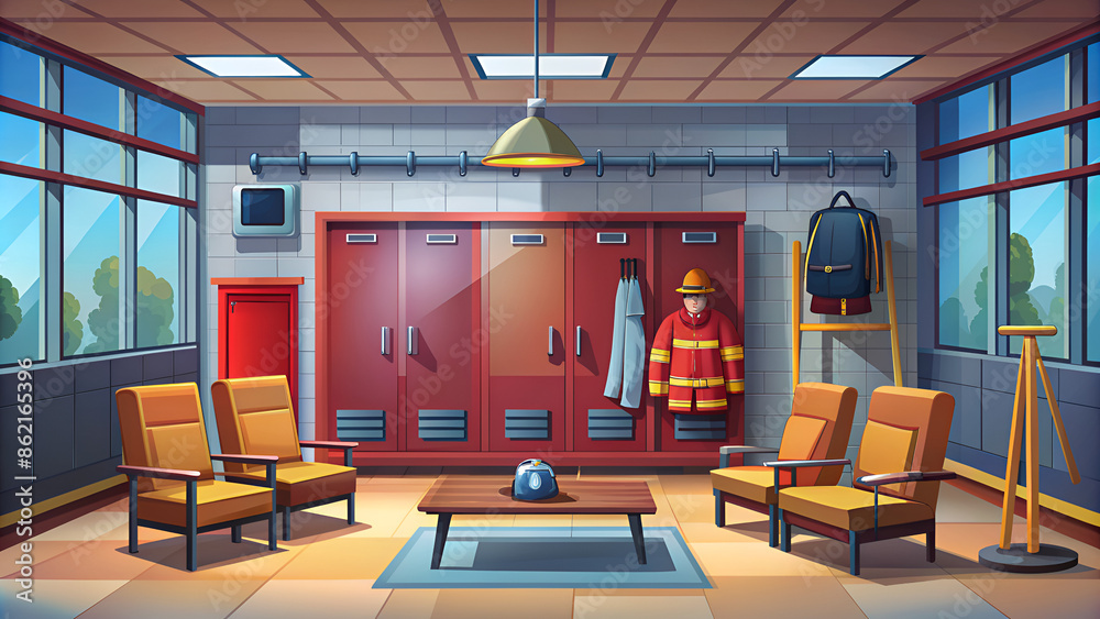 Fire station interior. Cartoon firehouse indoor firefighter station ...