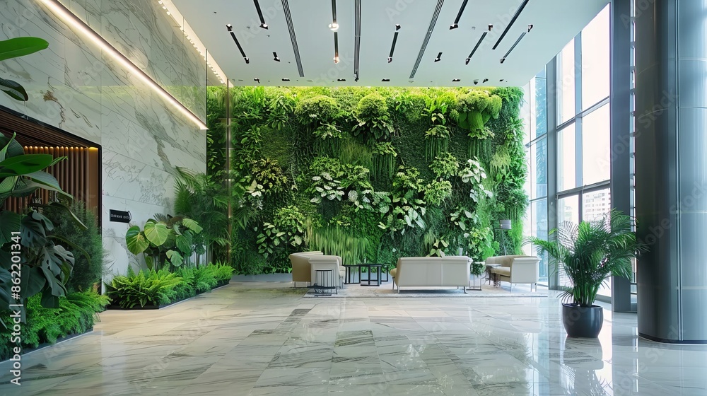 Elegant office lobby with vertical garden on the lobby wall, filled ...