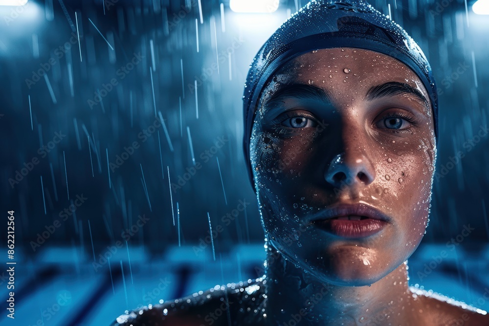 Cinematic portrait of a world-class swimmer, softly lit in a minimalist ...