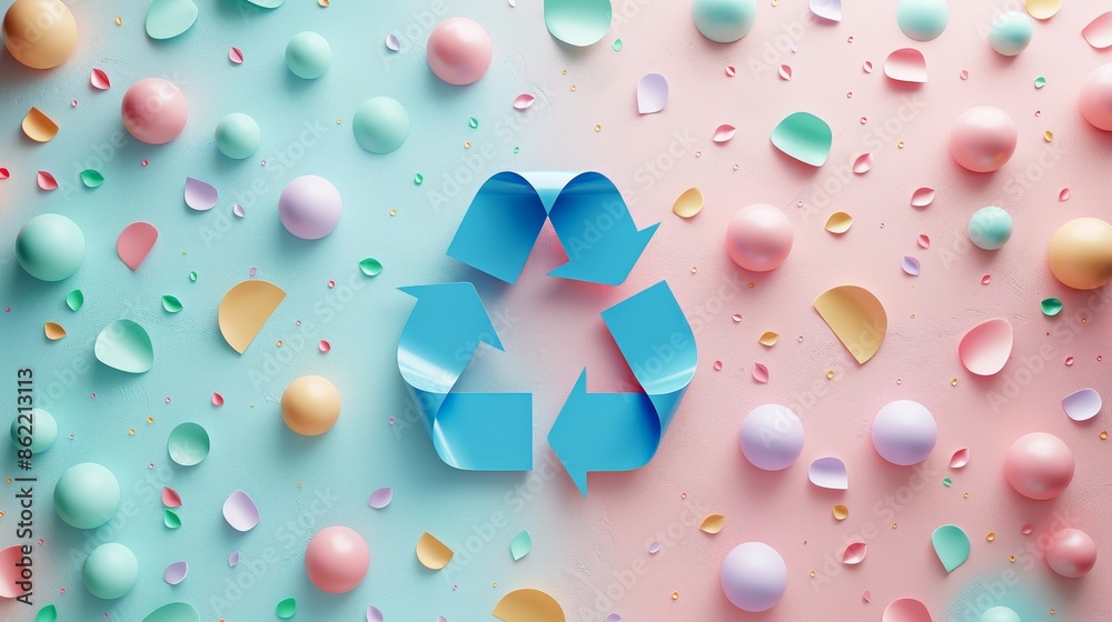 A blue recycle symbol surrounded by various colorful shapes and ...
