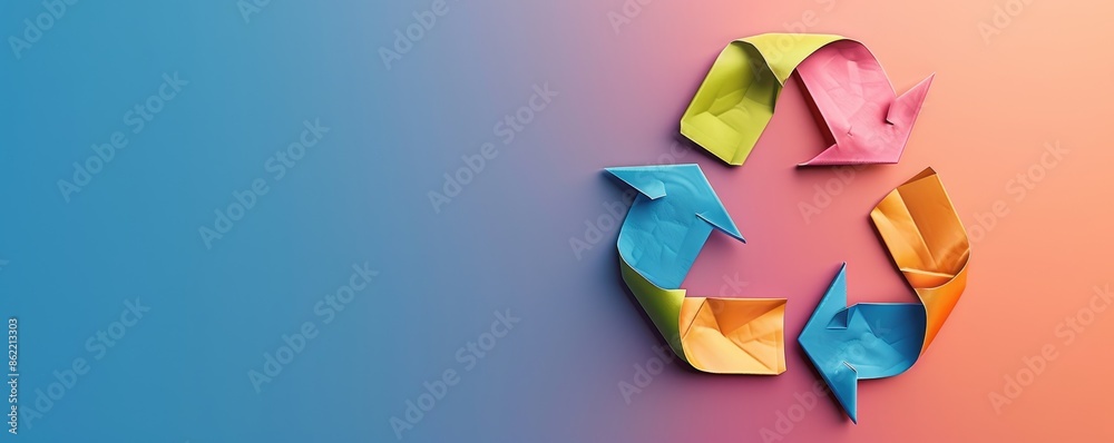 Flat design 3D recycling logo, top view, pastel colors, environmental ...