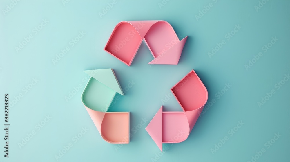 Recycling logo, top view, 3D render, environmental impact, sweet pastel ...