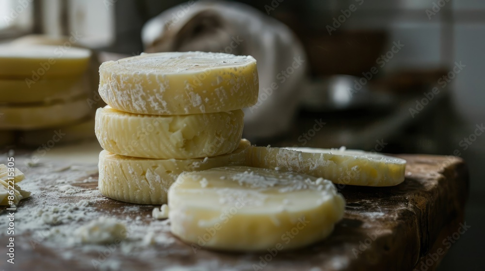 Round, dense slices of fermented cheese are waiting to be melted. AI ...