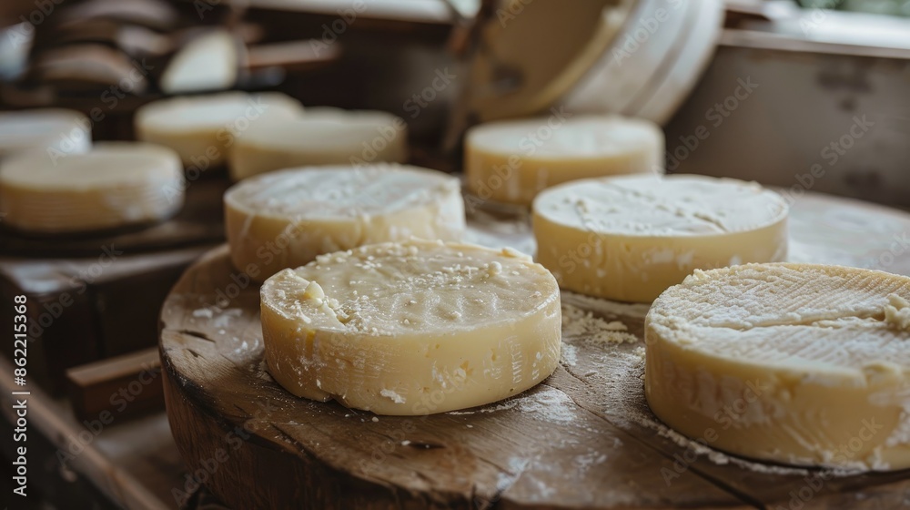 Round, dense slices of fermented cheese are waiting to be melted. AI ...