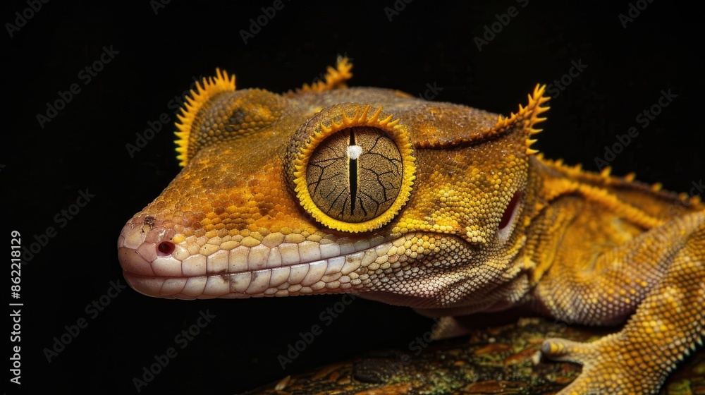 The closeup head of Crested Gecko (Correlophus ciliatus) is a species ...
