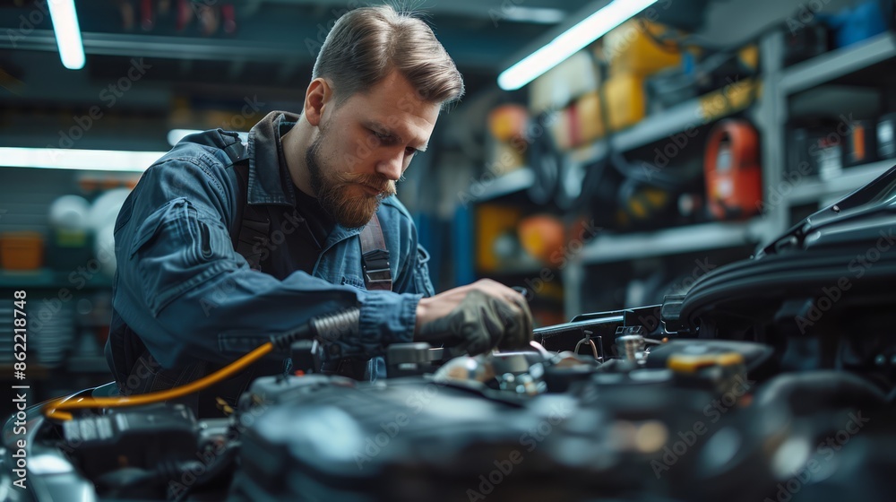 mechanic conducting a detailed engine check on an electric vehicle ...
