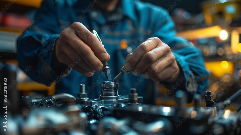 mechanic adjusting engine timing with precision tools, surrounded by ...