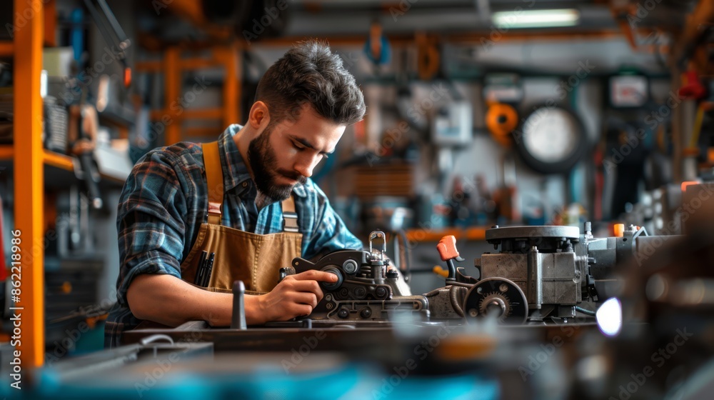 mechanic adjusting engine timing with precision tools, surrounded by ...