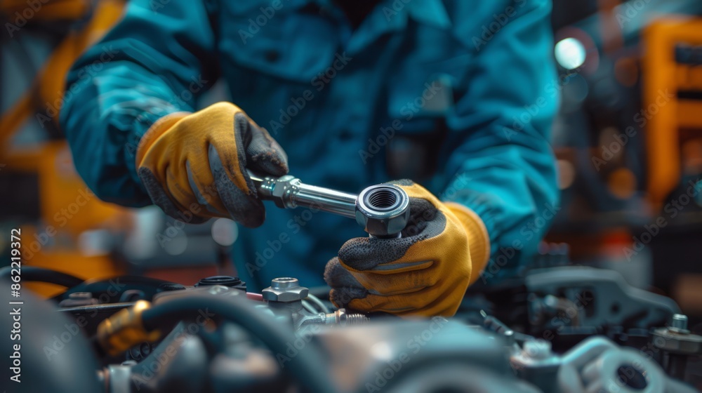 mechanic using a torque wrench to ensure engine bolts are correctly ...