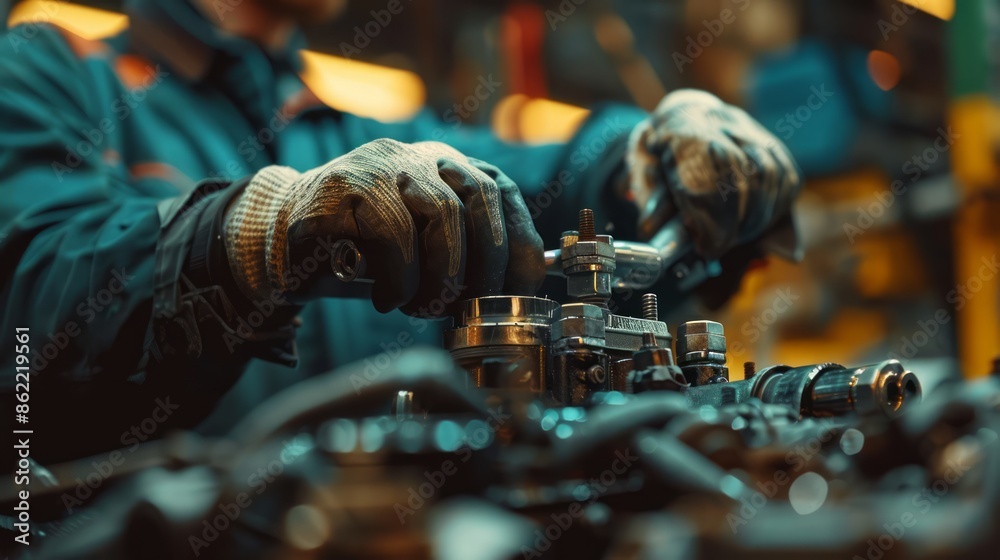 mechanic tightening engine bolts with a torque wrench, ensuring precise ...
